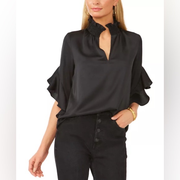 Vince Camuto | Tops | Vince Camuto M Black Satin Smocked Ruffle Neck Ruffle Sleeve Split Neck ...